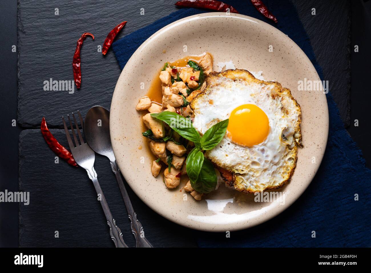 Thai food concept Khao pad krapao kai Authentic Thai Basil Chicken rice ...