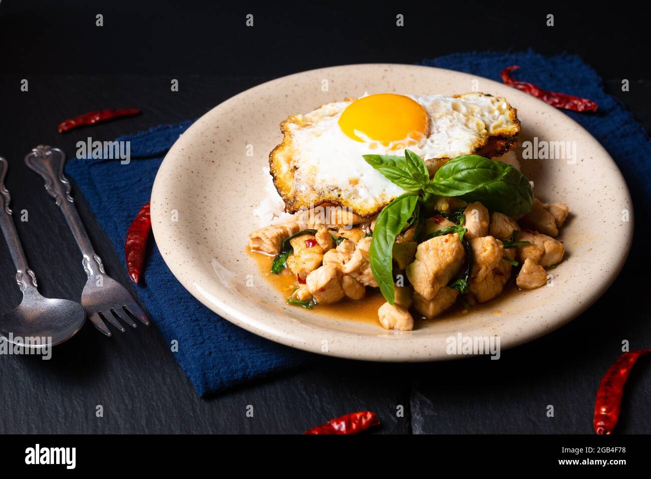 Thai food concept Khao pad krapao kai Authentic Thai Basil Chicken rice ...