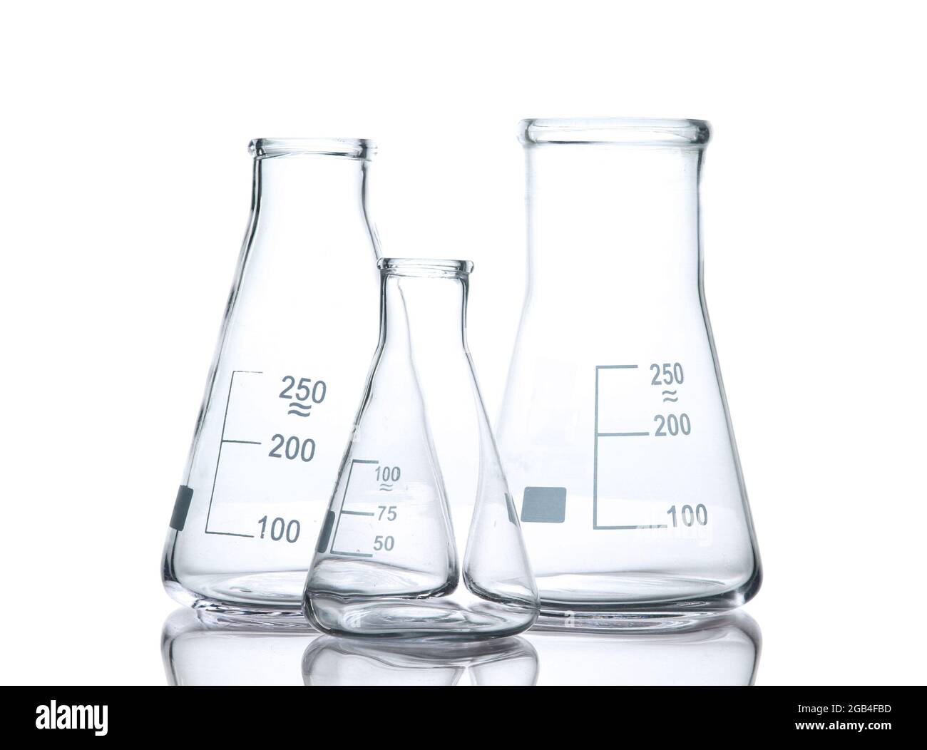 Three empty flasks with reflection isolated on white Stock Photo - Alamy