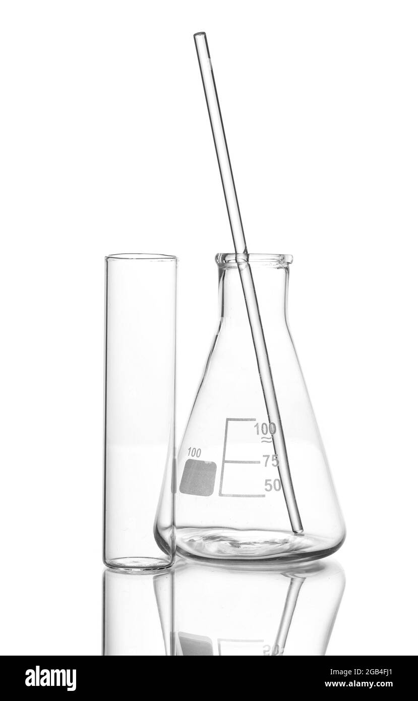 Two empty flasks with reflection isolated on white Stock Photo - Alamy