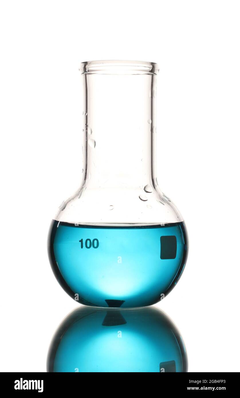 Flask with blue liquid and reflection isolated on white Stock Photo - Alamy