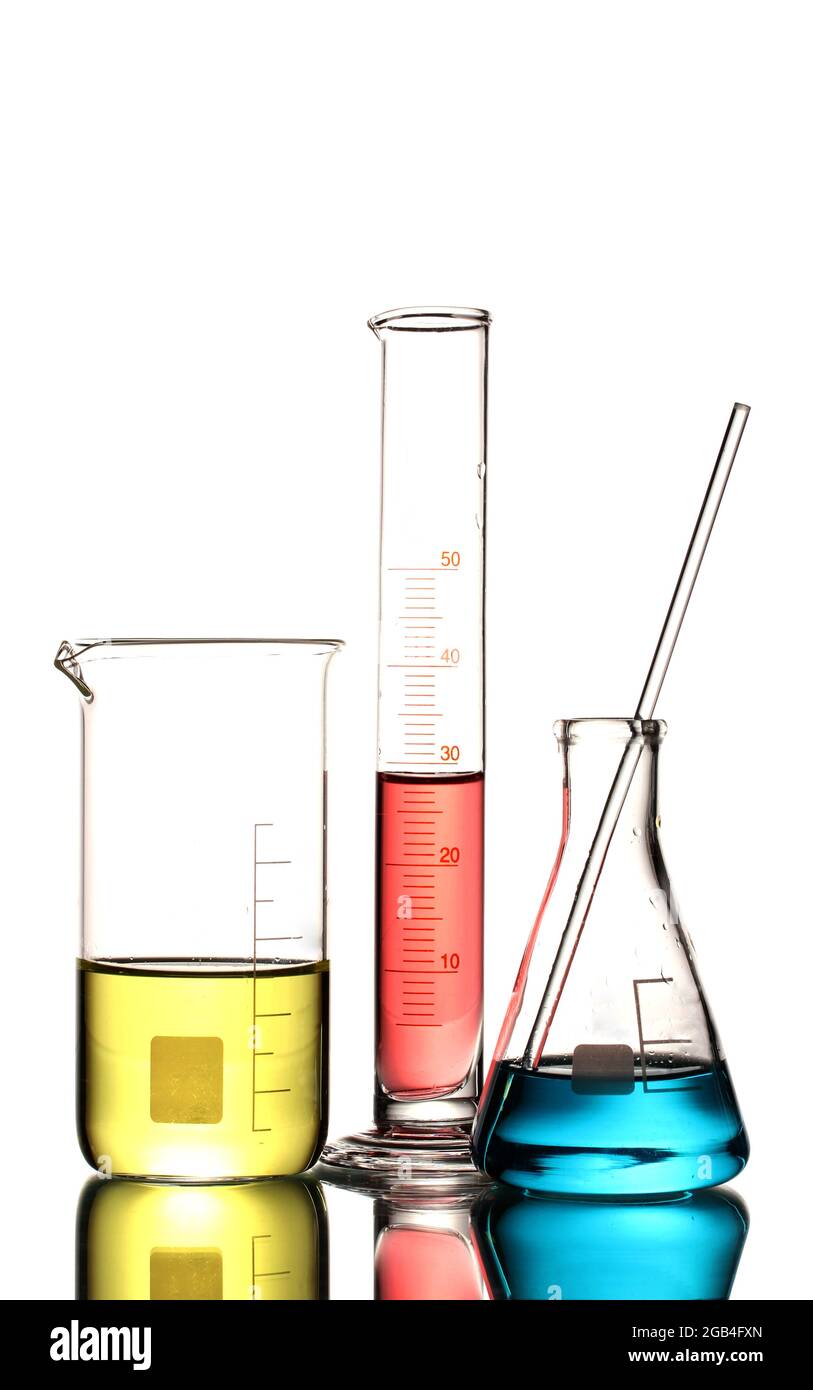 Three flasks with color liquid and with reflection isolated on white ...