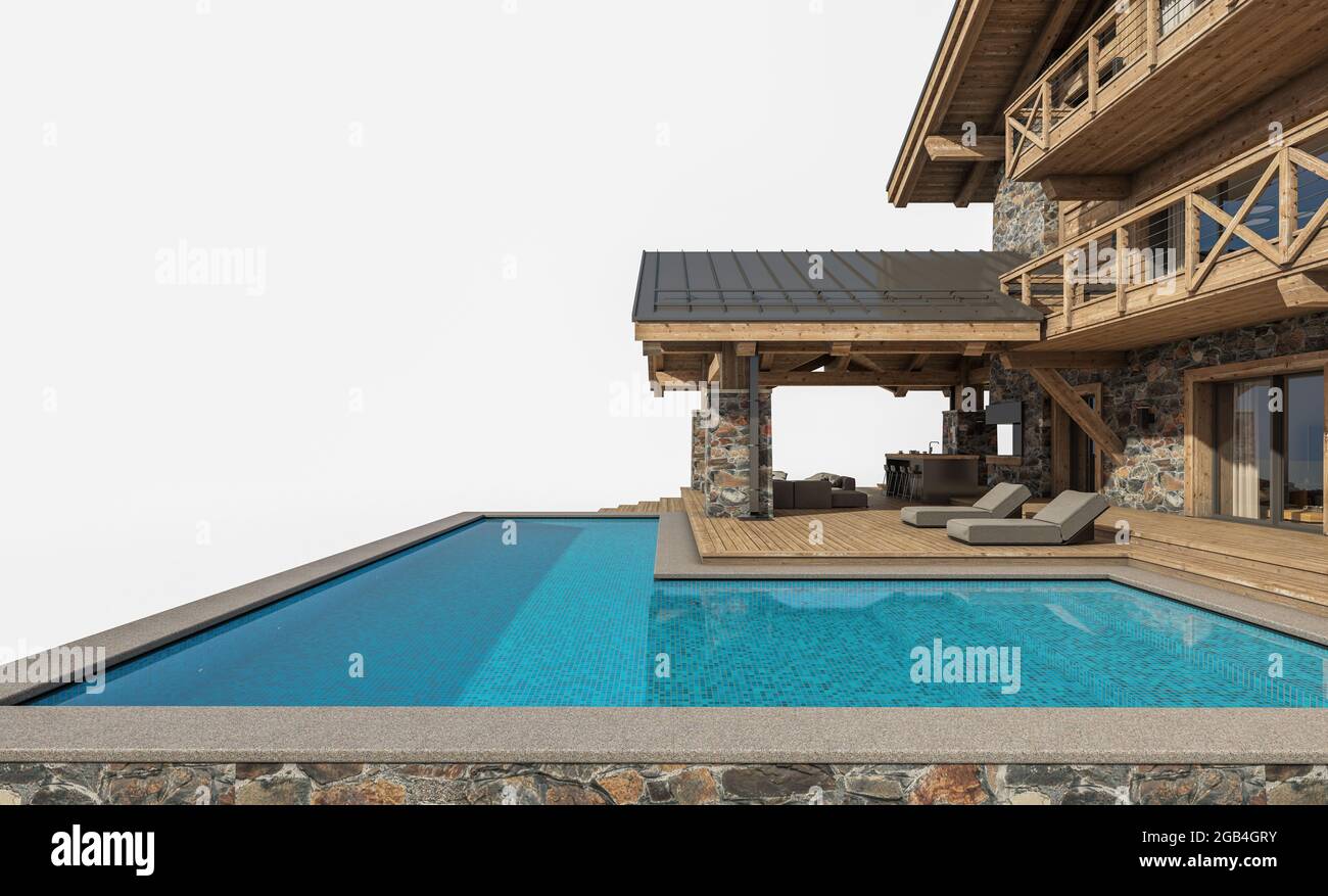 3d rendering of modern cozy chalet with pool and parking for sale or ...