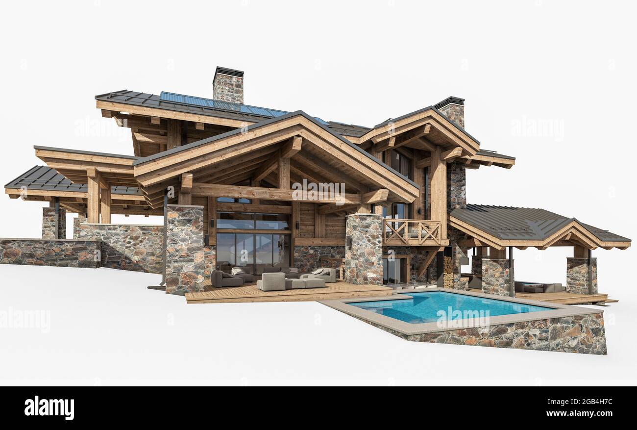 3d rendering of modern cozy chalet with pool and parking for sale or rent. Massive timber beams ...