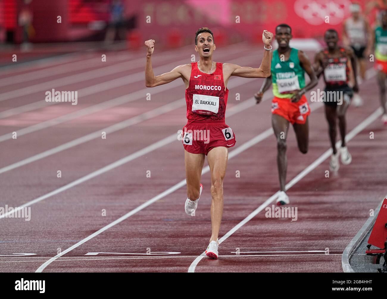 August 2, 2021: Soufiane El Bakkalifrom Marocco winning 3000 meter ...