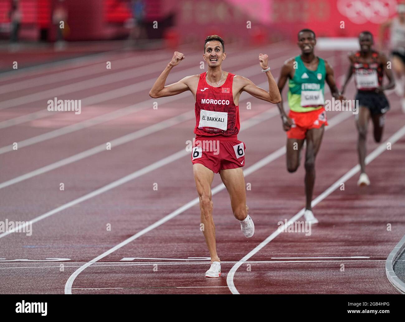 August 2, 2021: Soufiane El Bakkalifrom Marocco winning 3000 meter ...