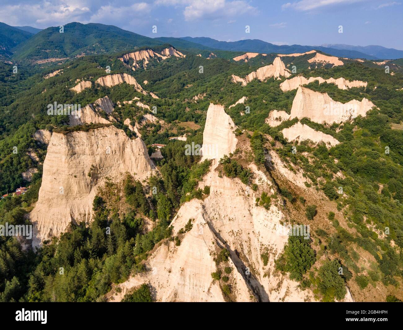 Aerial sunset view of Rozhen sand pyramids, Blagoevgrad region ...