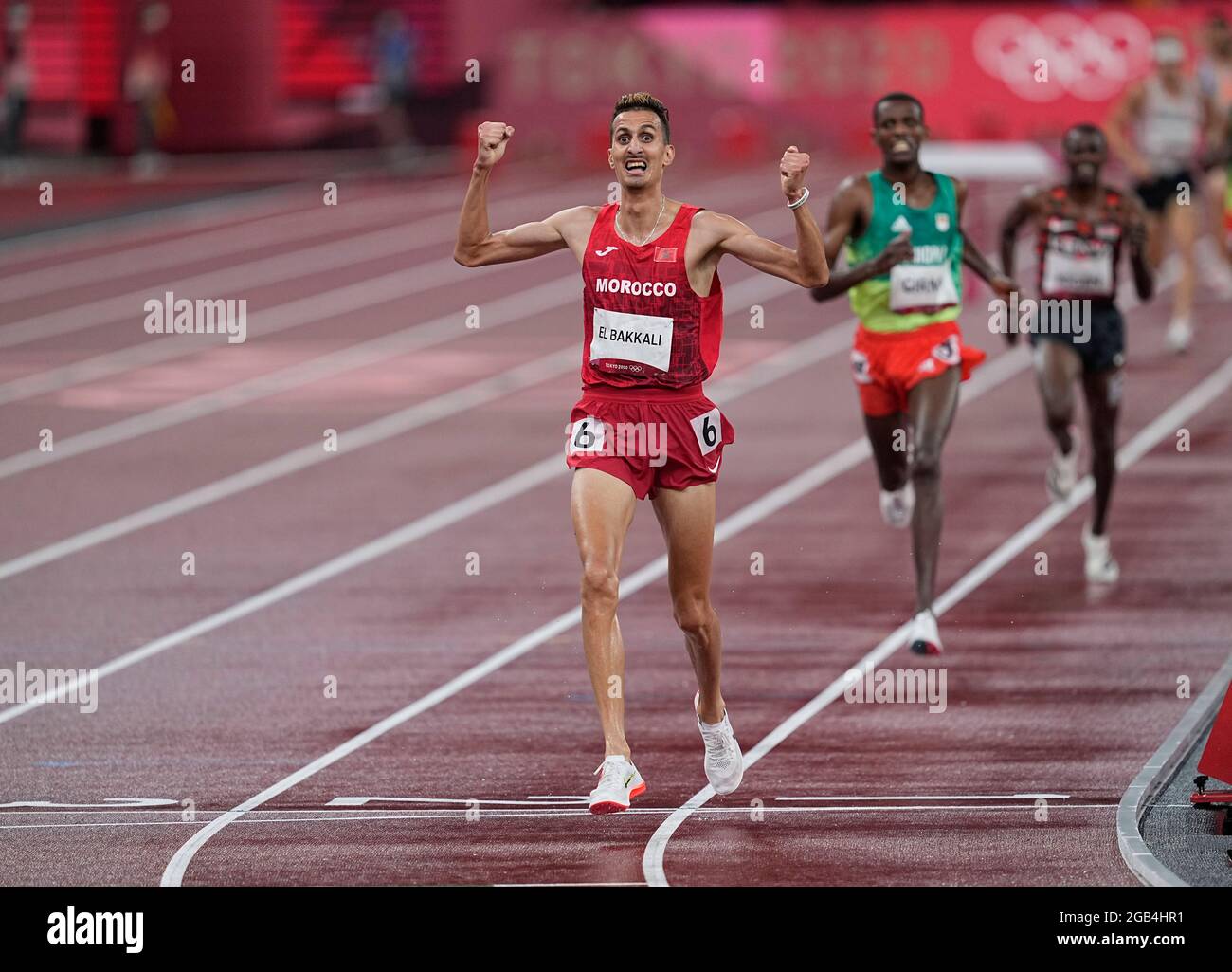 August 2, 2021: Soufiane El Bakkalifrom Marocco winning 3000 meter ...