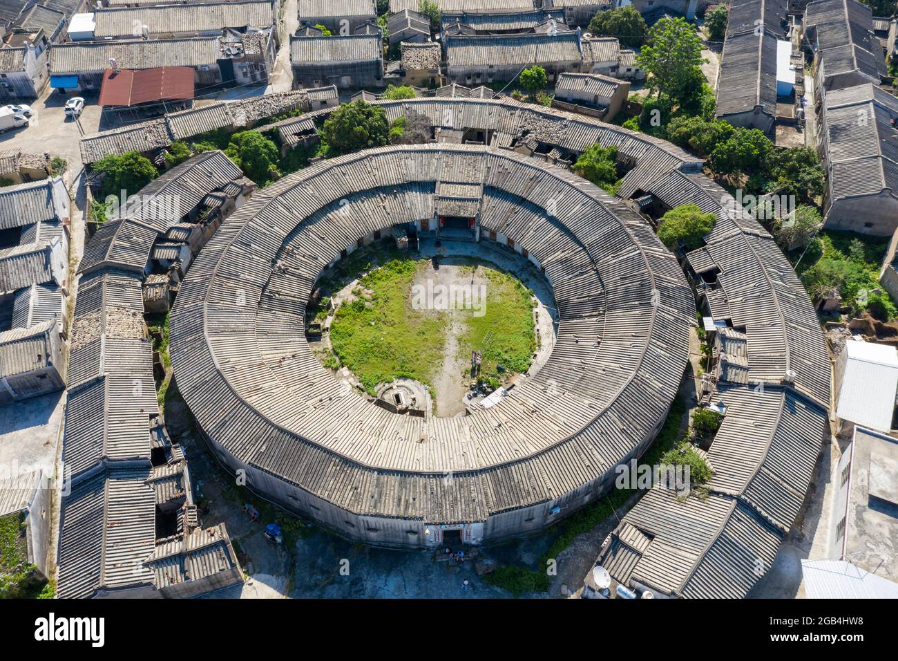 Aerial view of the Qing-dynasty Yuanlian Round House, a type of Hakka Earth Building in Jieyang ...