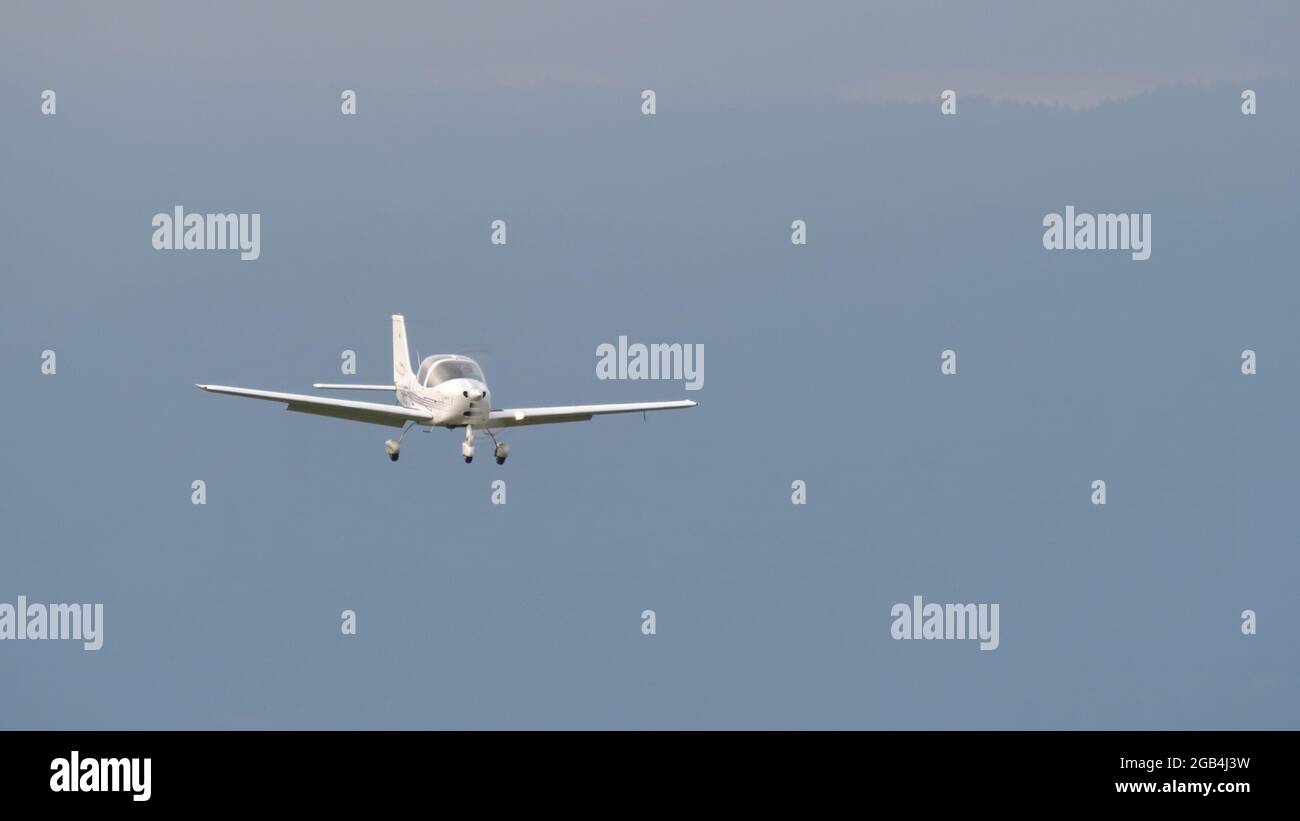 Thiene, Italy JULY, 8, 2021, Ultralight airplane landing on a ...