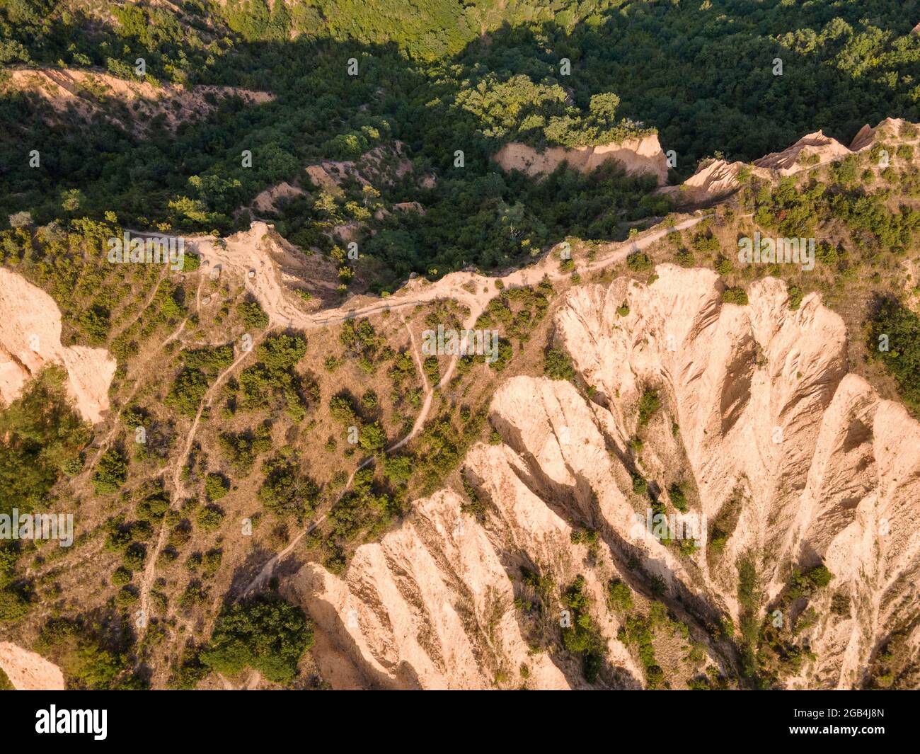 Aerial sunset view of Rozhen sand pyramids, Blagoevgrad region ...