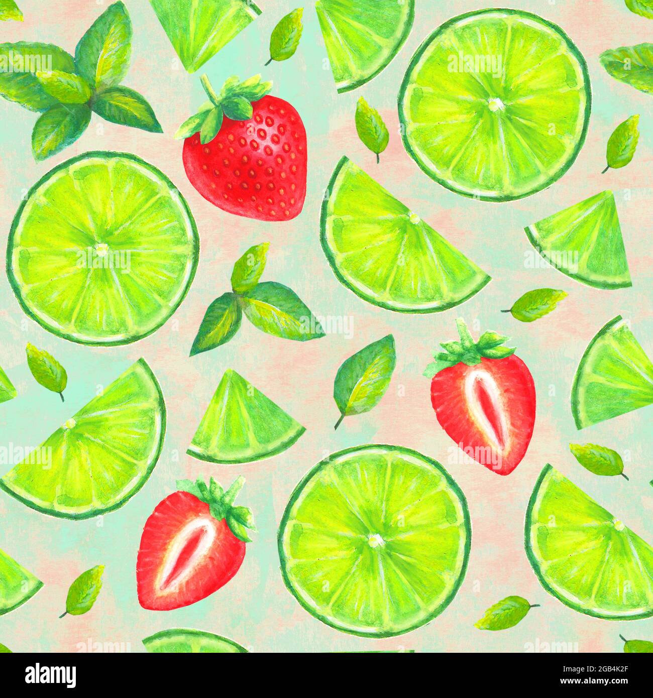 Watercolor hand drawn mojito cocktail seamless pattern with slices of ...