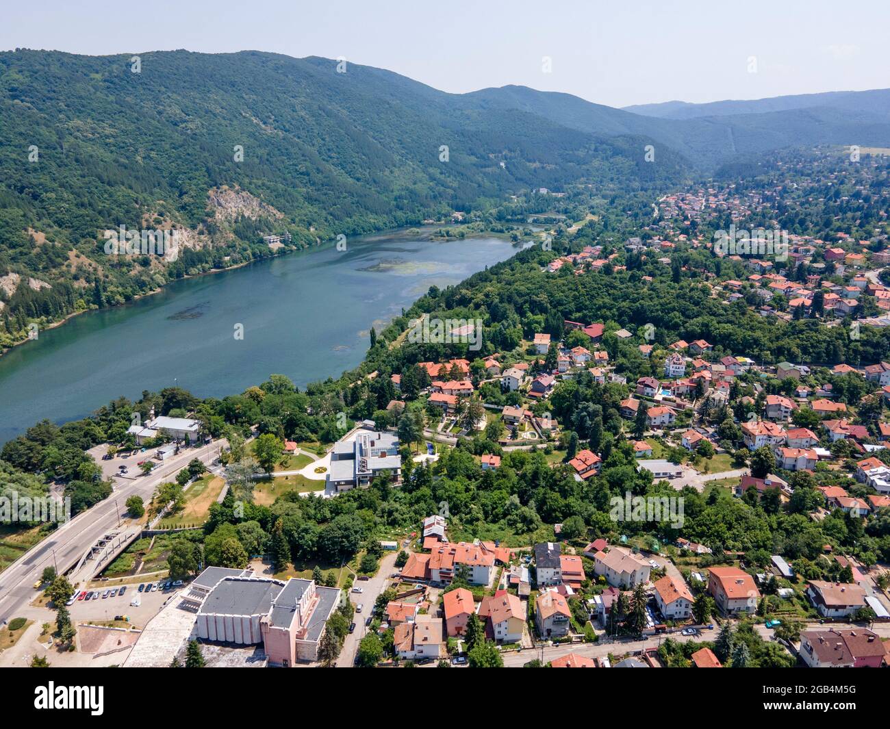 Aerial summer view of Pancharevo lake, Sofia city Region, Bulgaria ...