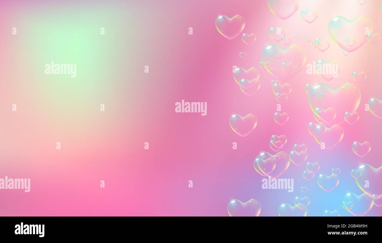Cute pink background with rainbow colored heart-shaped soap bubbles for ...