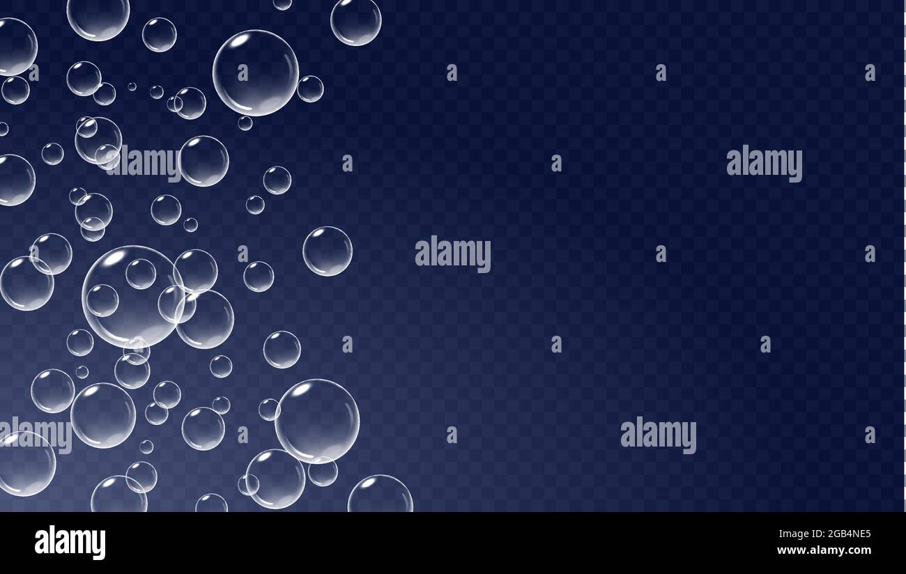 Floating bubbles isolated on dark transparent background. Fizzy air ...