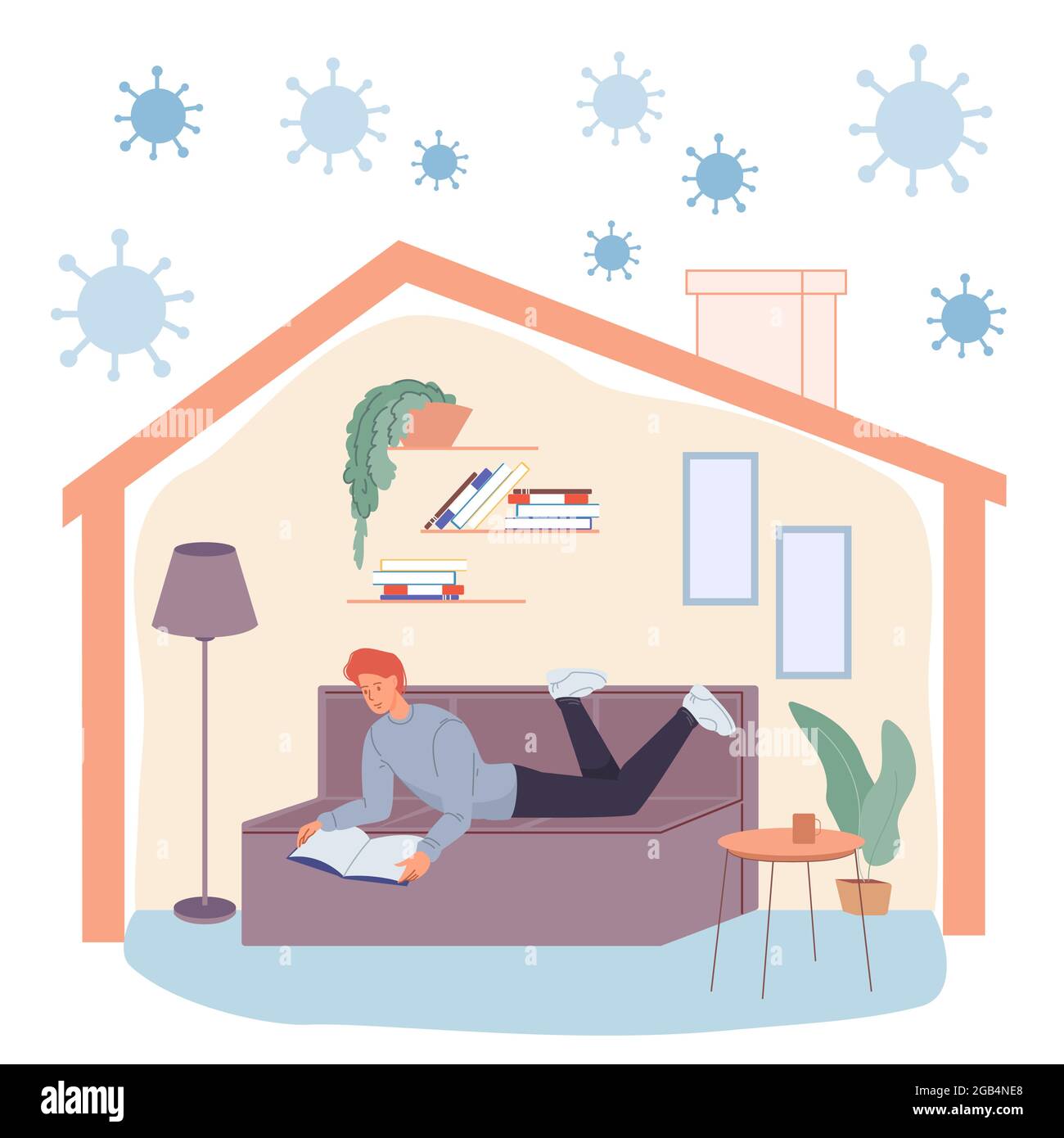 Flat cartoon character at home in self quarantine during coronavirus ...