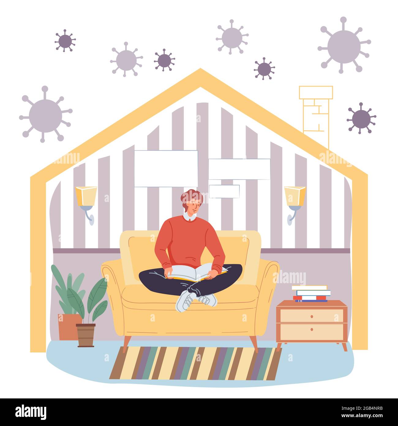 Flat cartoon character at home in self quarantine during coronavirus ...