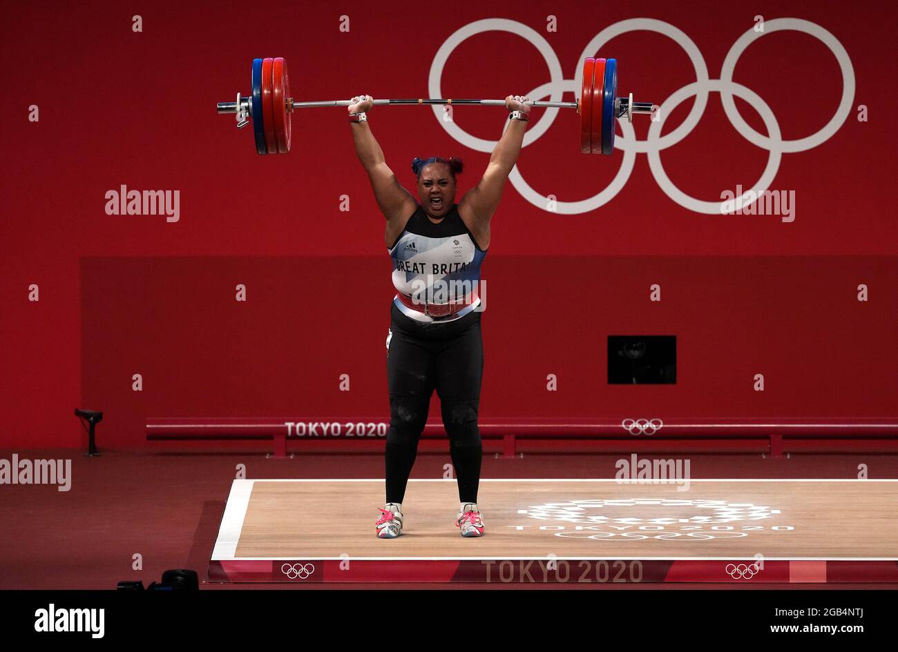 Great Britain's Emily Campbell celebrates taking silver during the +87 ...