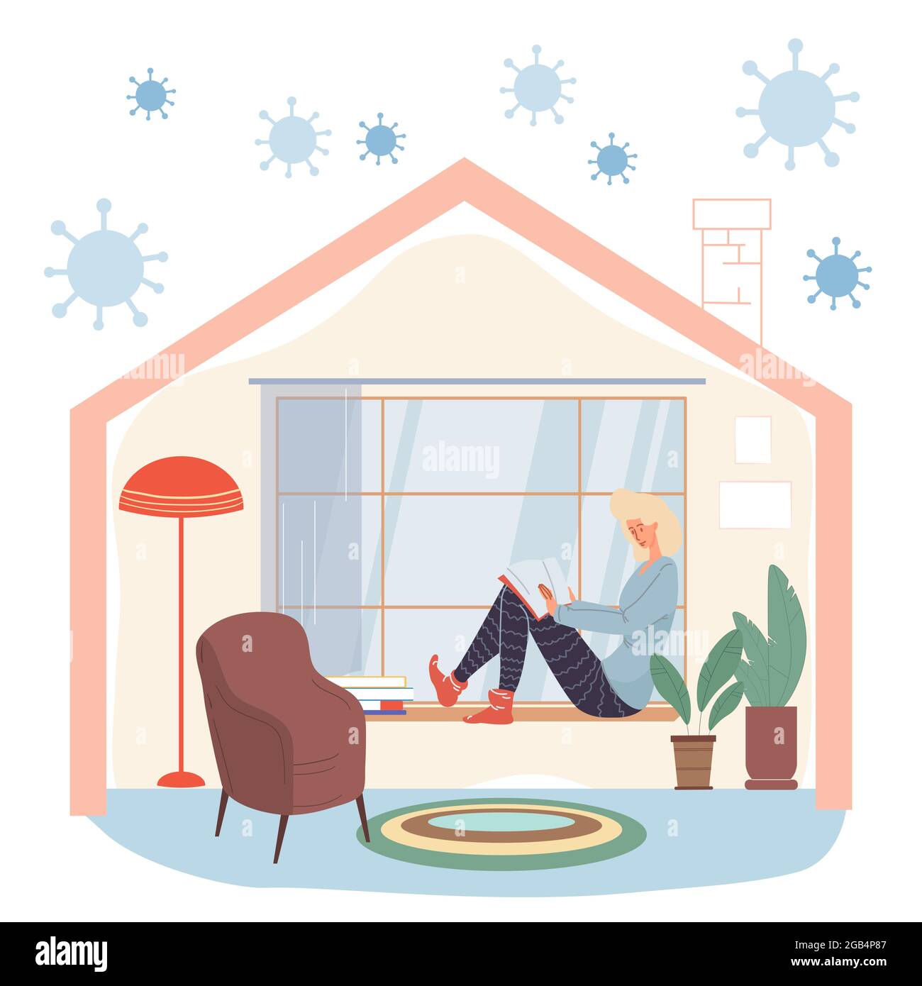 Flat cartoon character at home in self quarantine during coronavirus ...