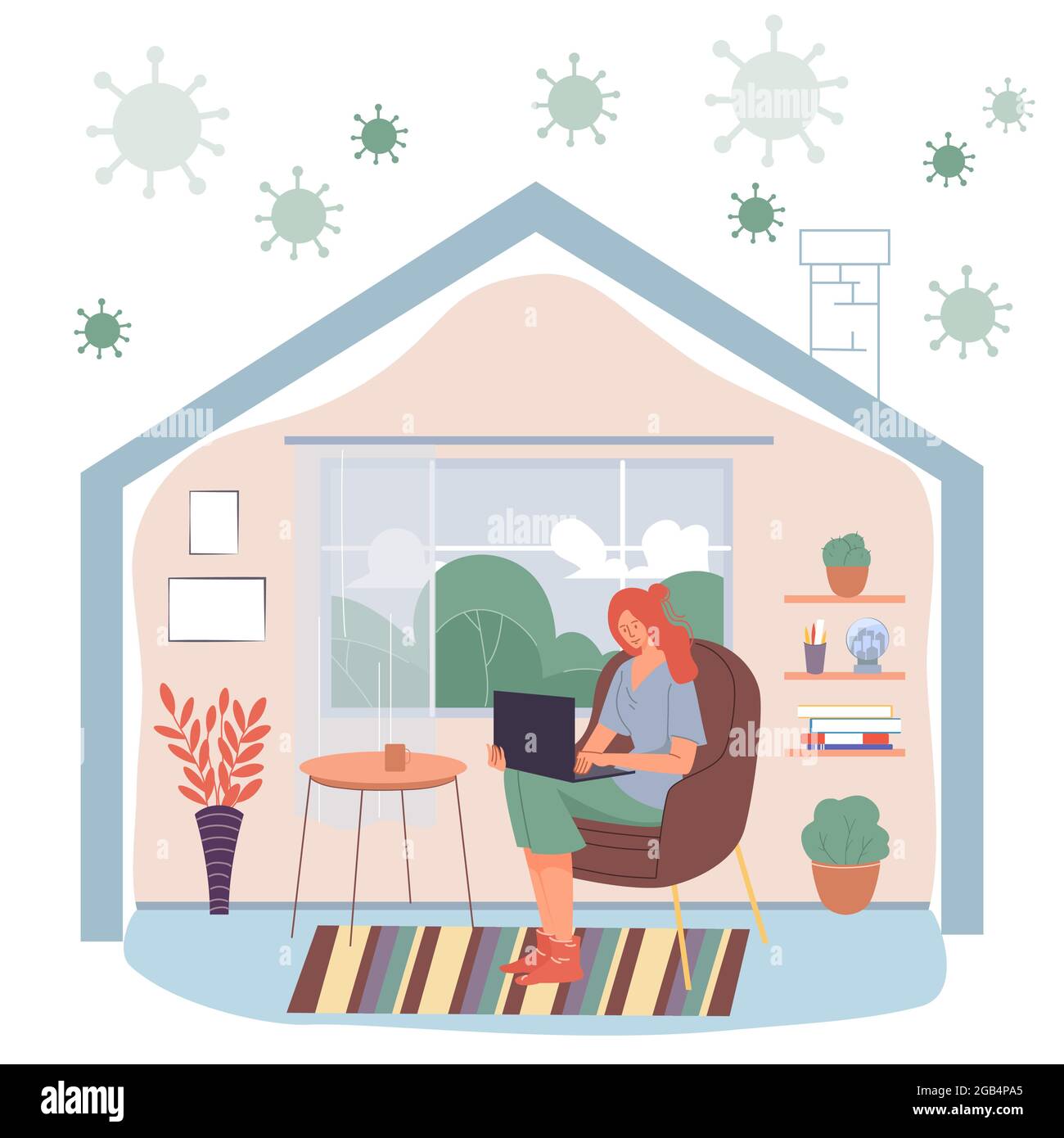 Flat cartoon character at home in self quarantine during coronavirus ...