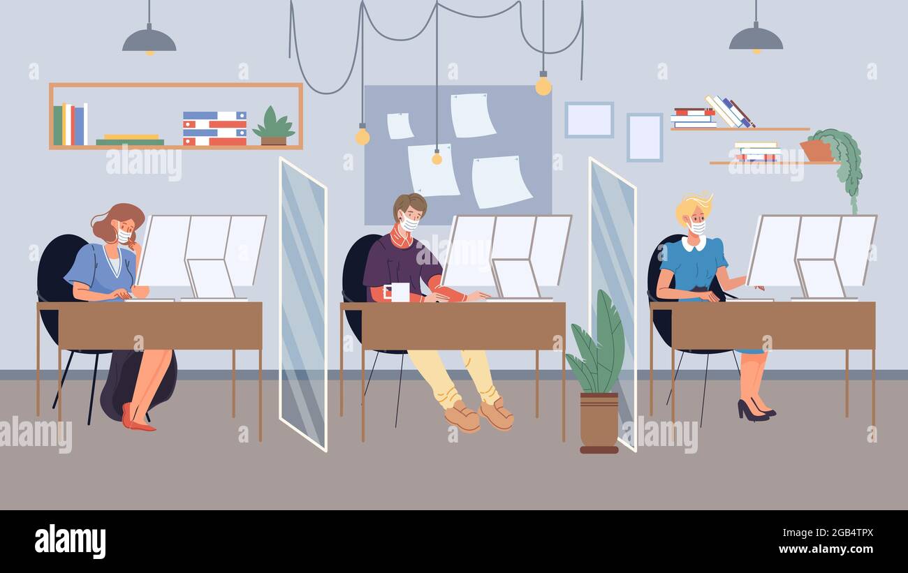 Flat cartoon characters,workflow in office during coronavirus pandemic ...