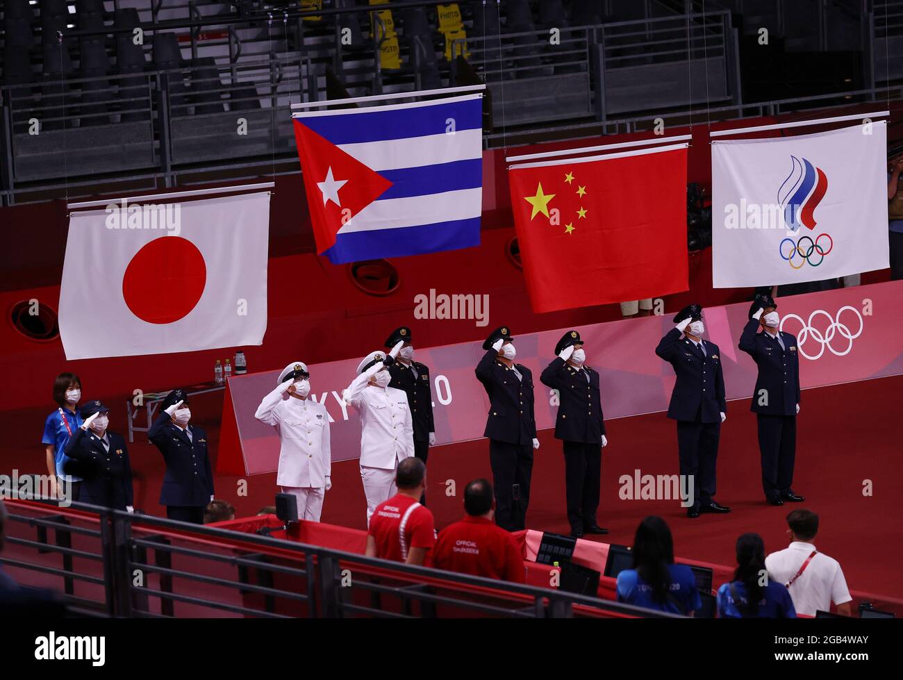 Olympic medal ceremony with flags hi-res stock photography and images ...