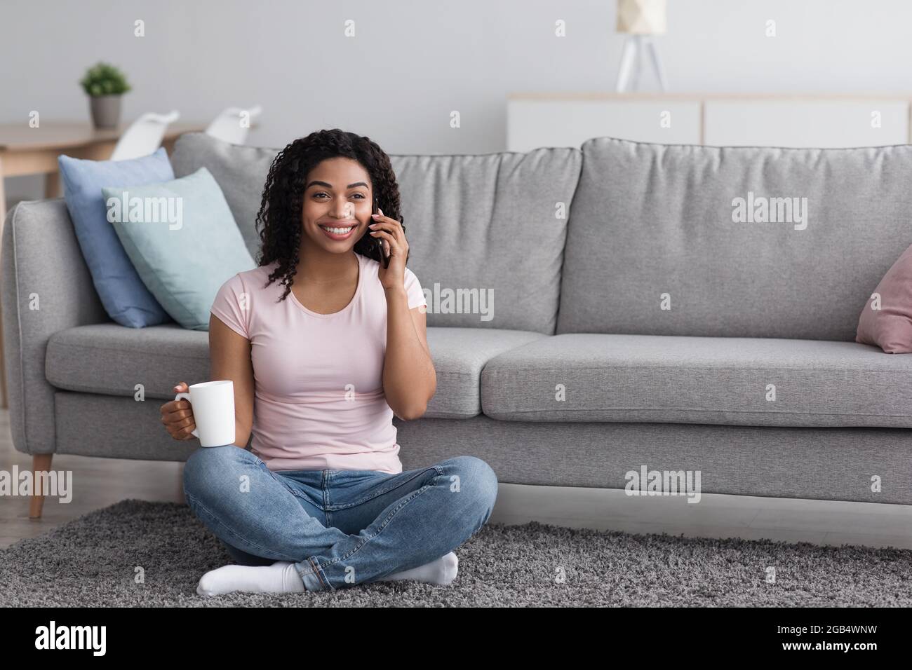 Free time, rest and calls to friend on phone, coffee break at home ...