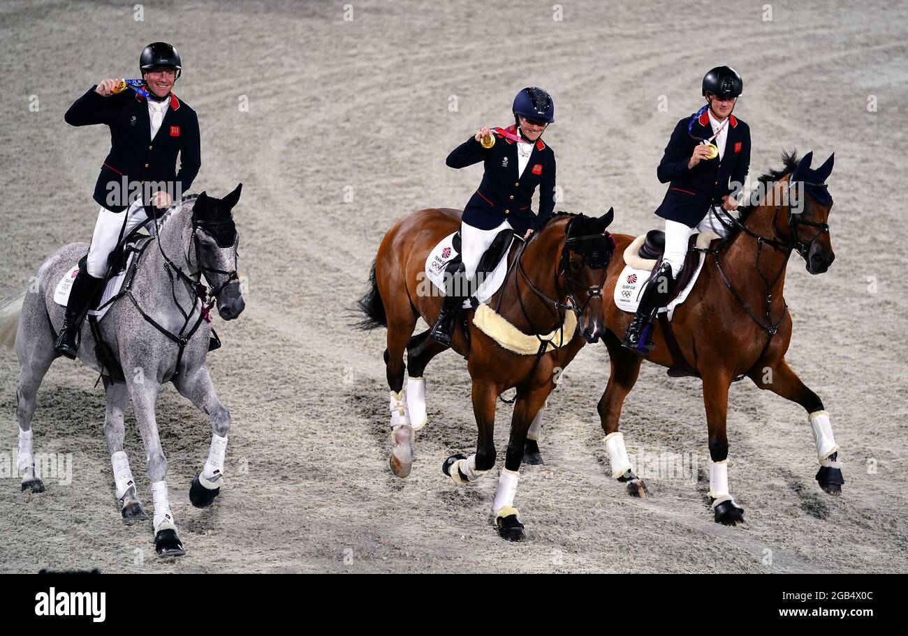 Great Britain's Laura Collett, Tom McEwen and Oliver Townend with their ...