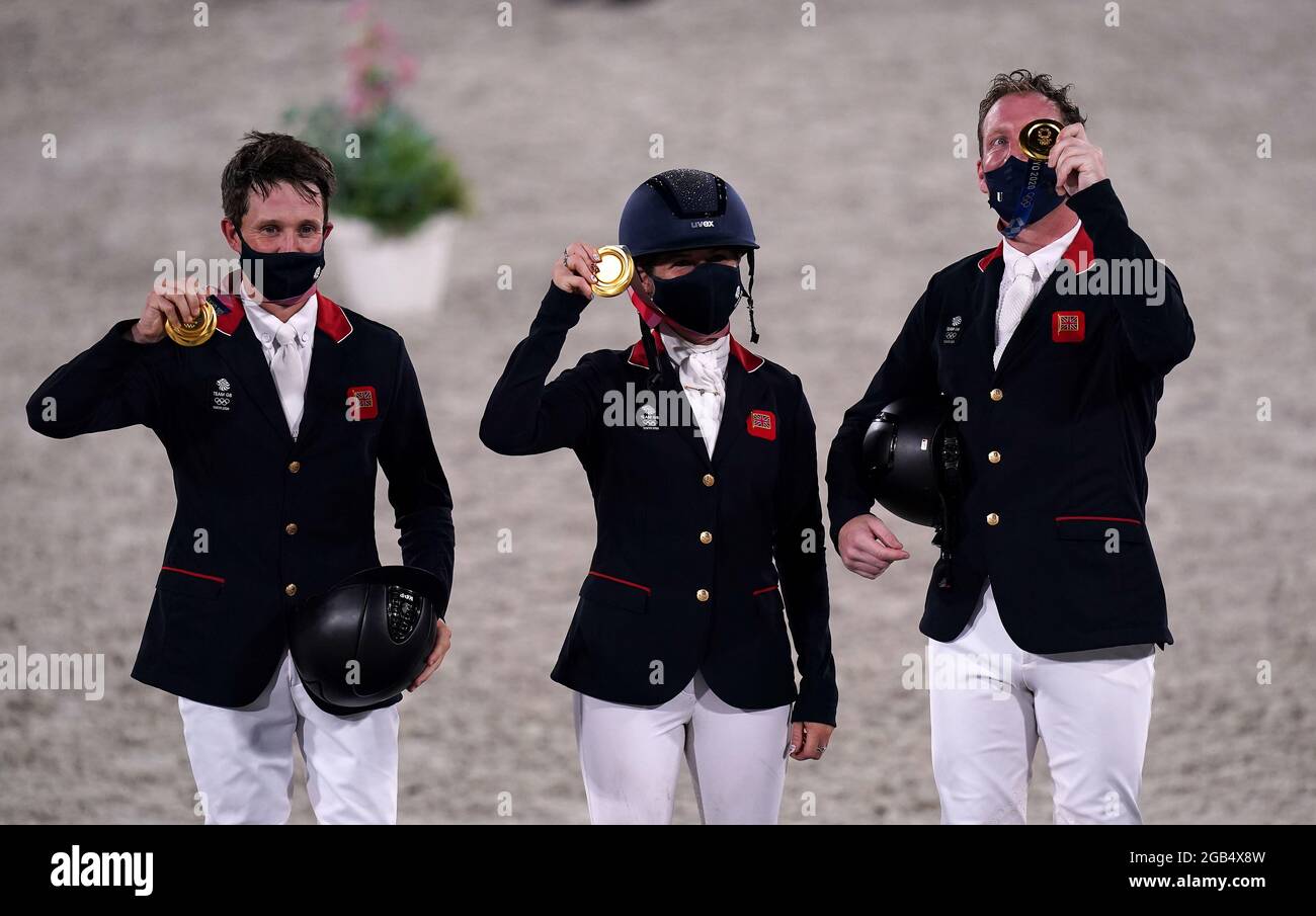 Great Britain's Laura Collett, Tom McEwen and Oliver Townend with their ...