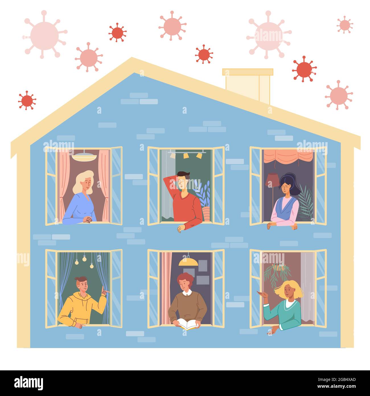Flat cartoon characters at home in self quarantine during coronavirus ...