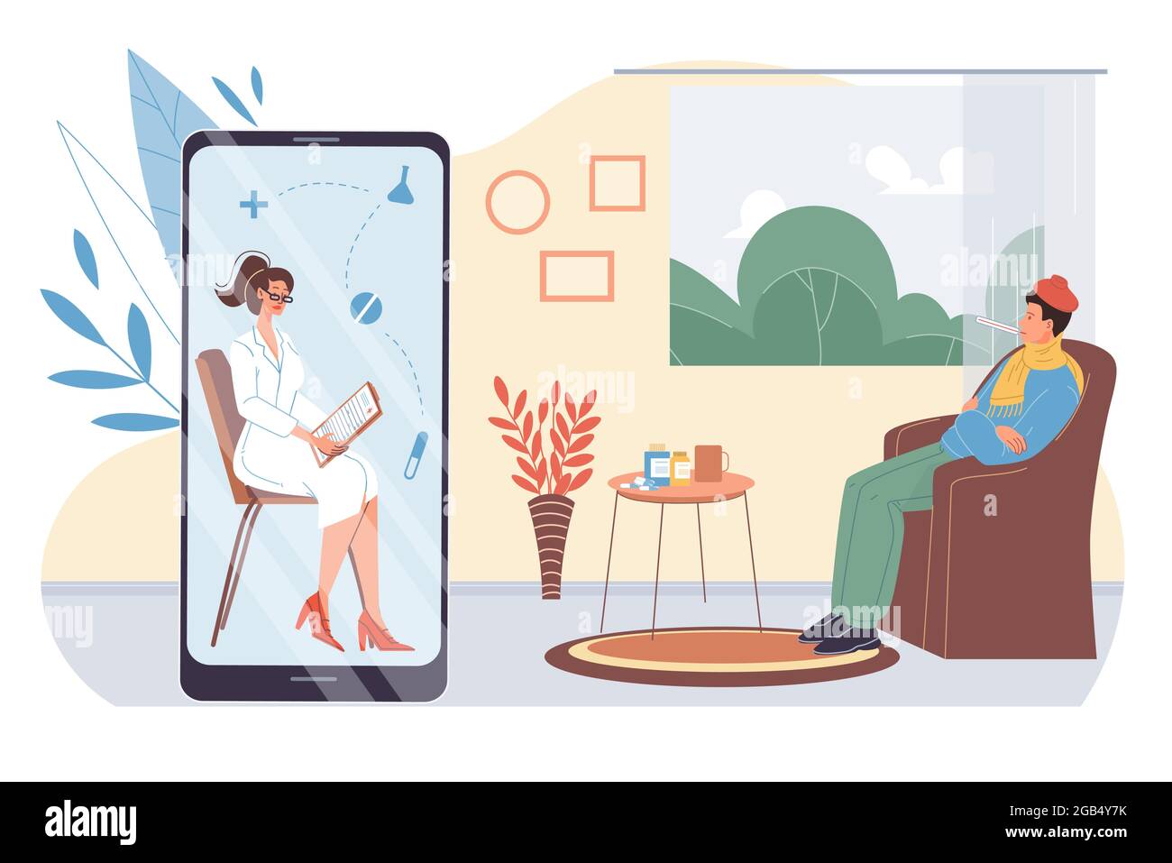 Flat cartoon patient and doctor characters,online telemedicine vector ...