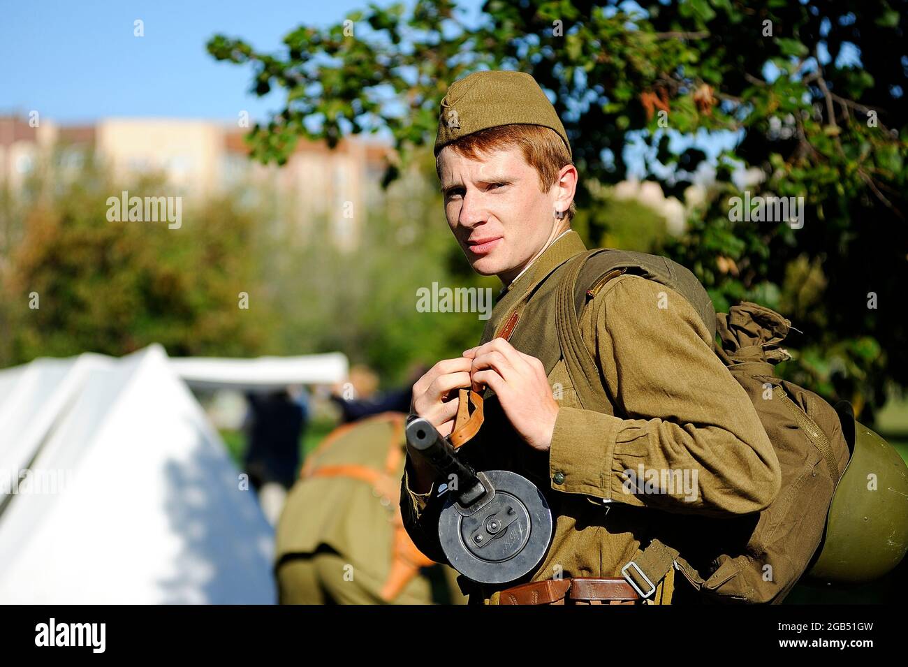 Young male reenactor dressed in uniform of Red Army soldiers of World ...