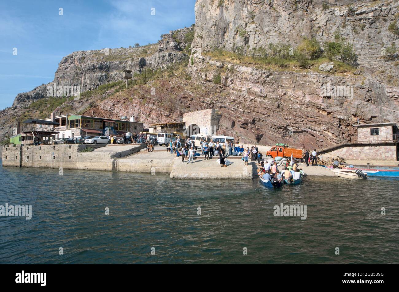 Koman Lake in the northern of Albania dam and terminal for the ferry ...