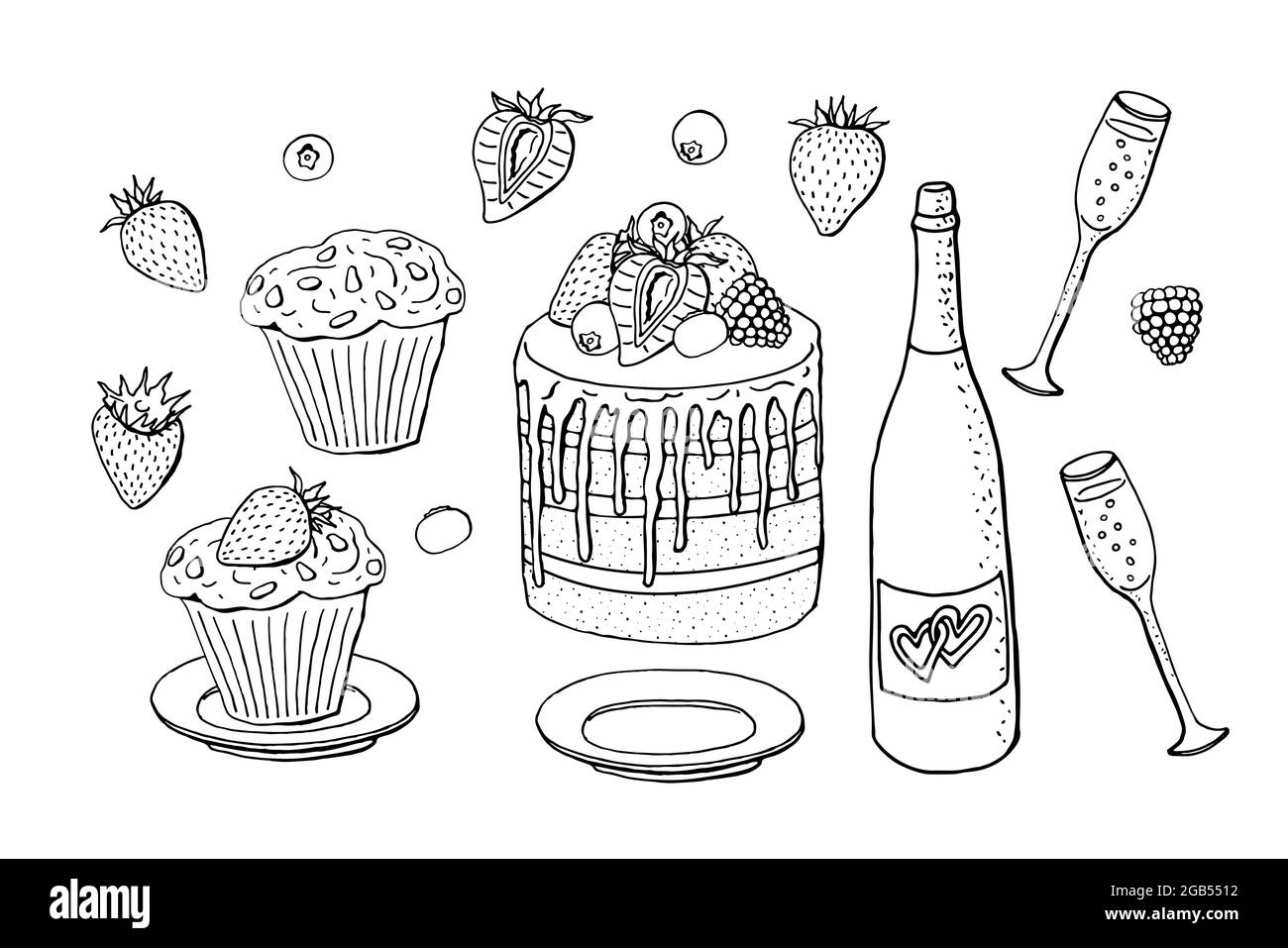 Set of 15 cute line art style hand drawn colorful dessert illustrations ...