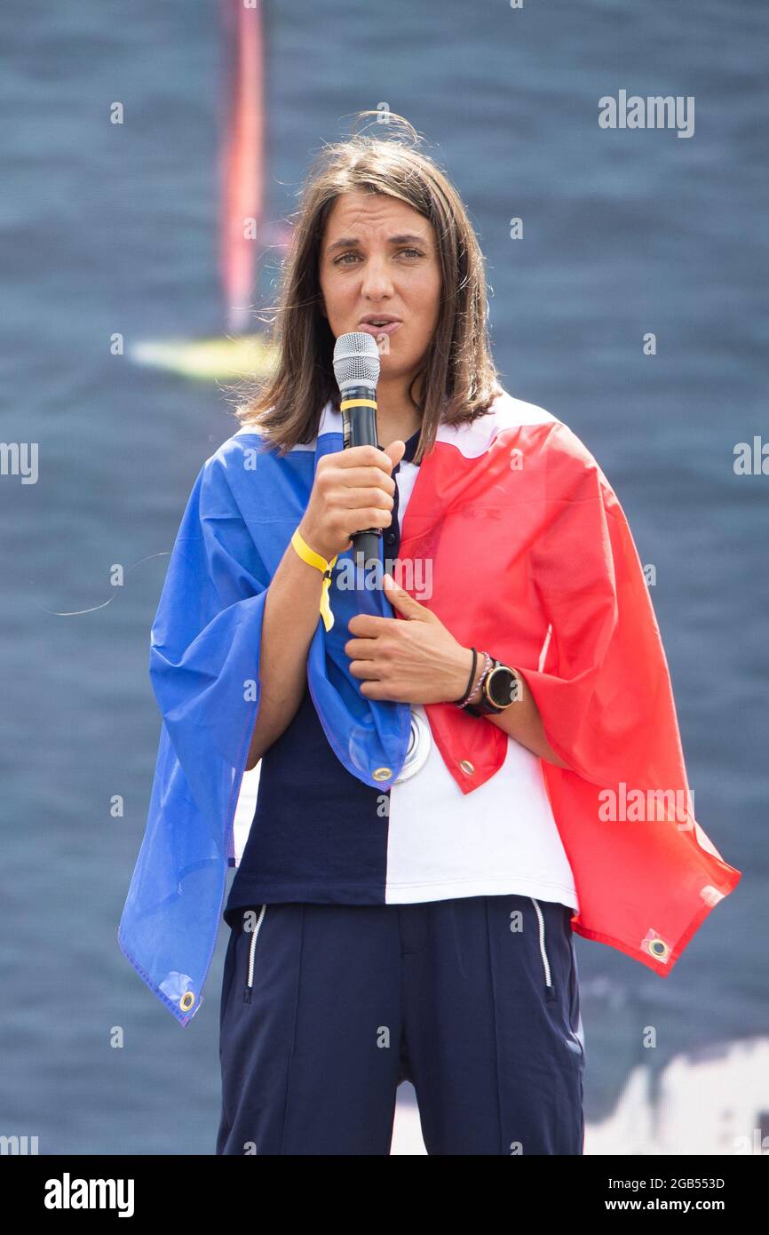 Sail silver medalists Charline Picon on stage at the fan village of the ...