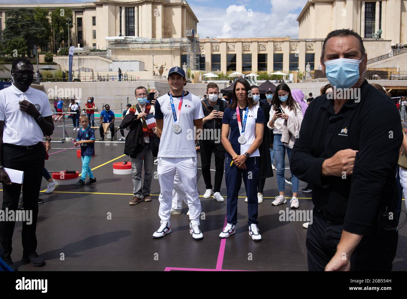 Sail silver medalists Charline Picon and Thomas Goyard arrives on stage ...