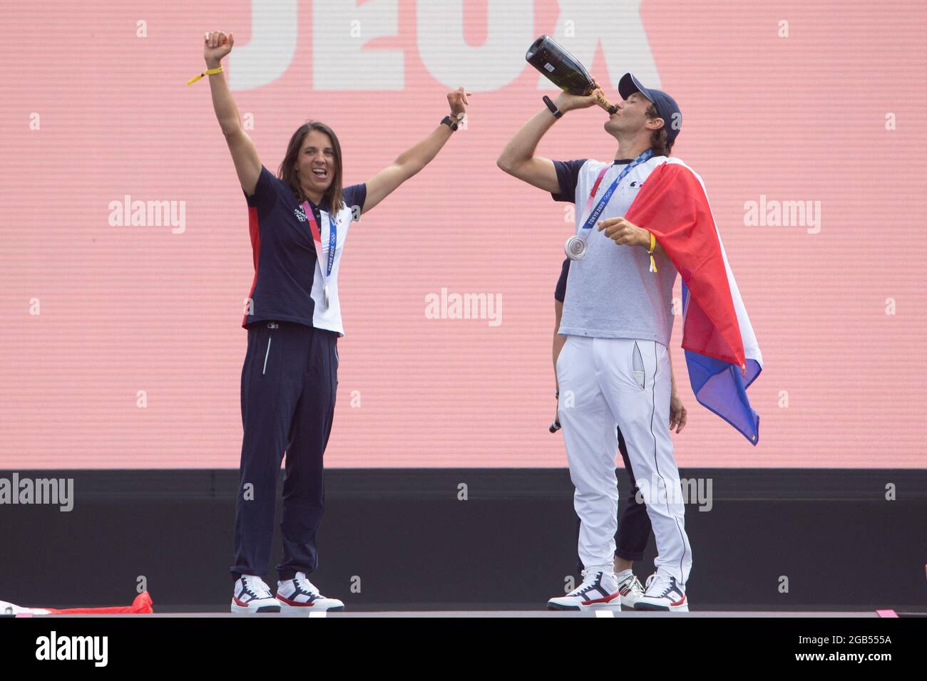 Sail silver medalists Charline Picon and Thomas Goyard celebrate with ...