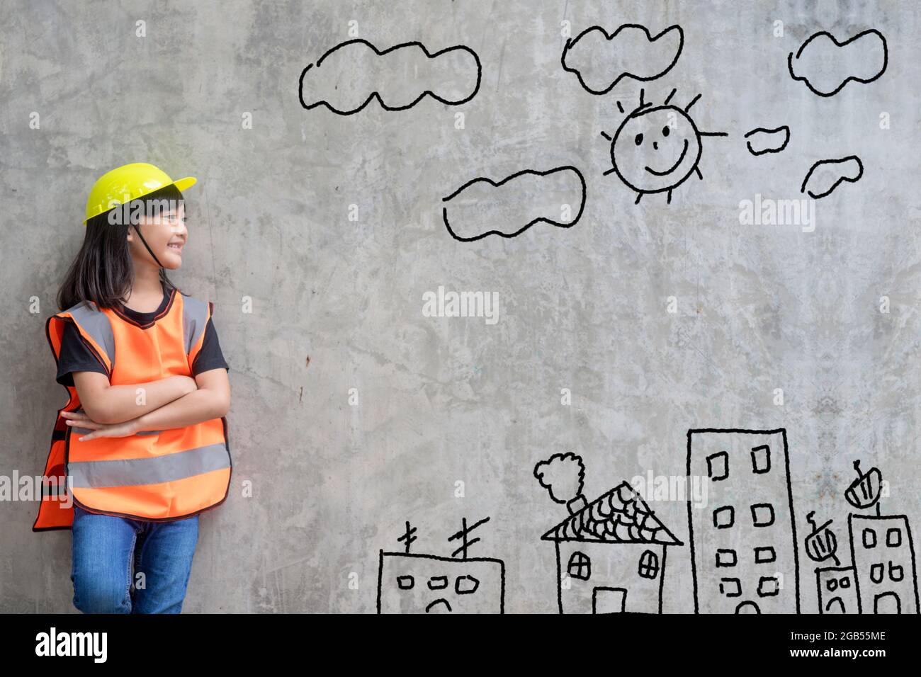 Asian Little girl engineering with creative drawing environment with ...