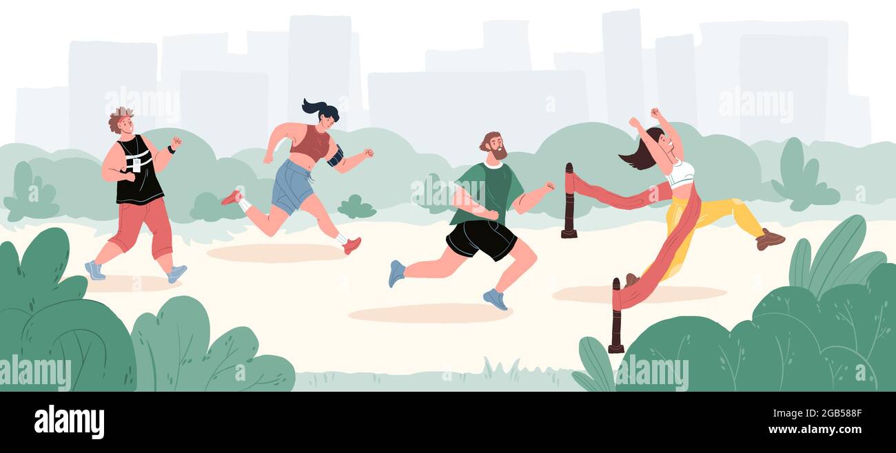 Flat cartoon athletes characters in running competition,vector ...