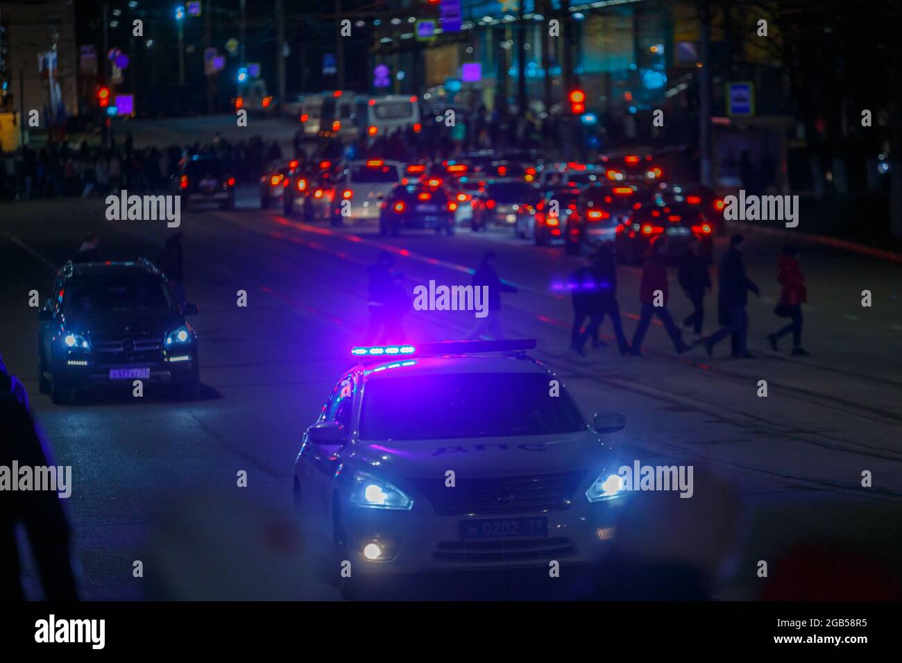 Tula, Russia - May 9, 2021: Police car with turned on red and blue ...