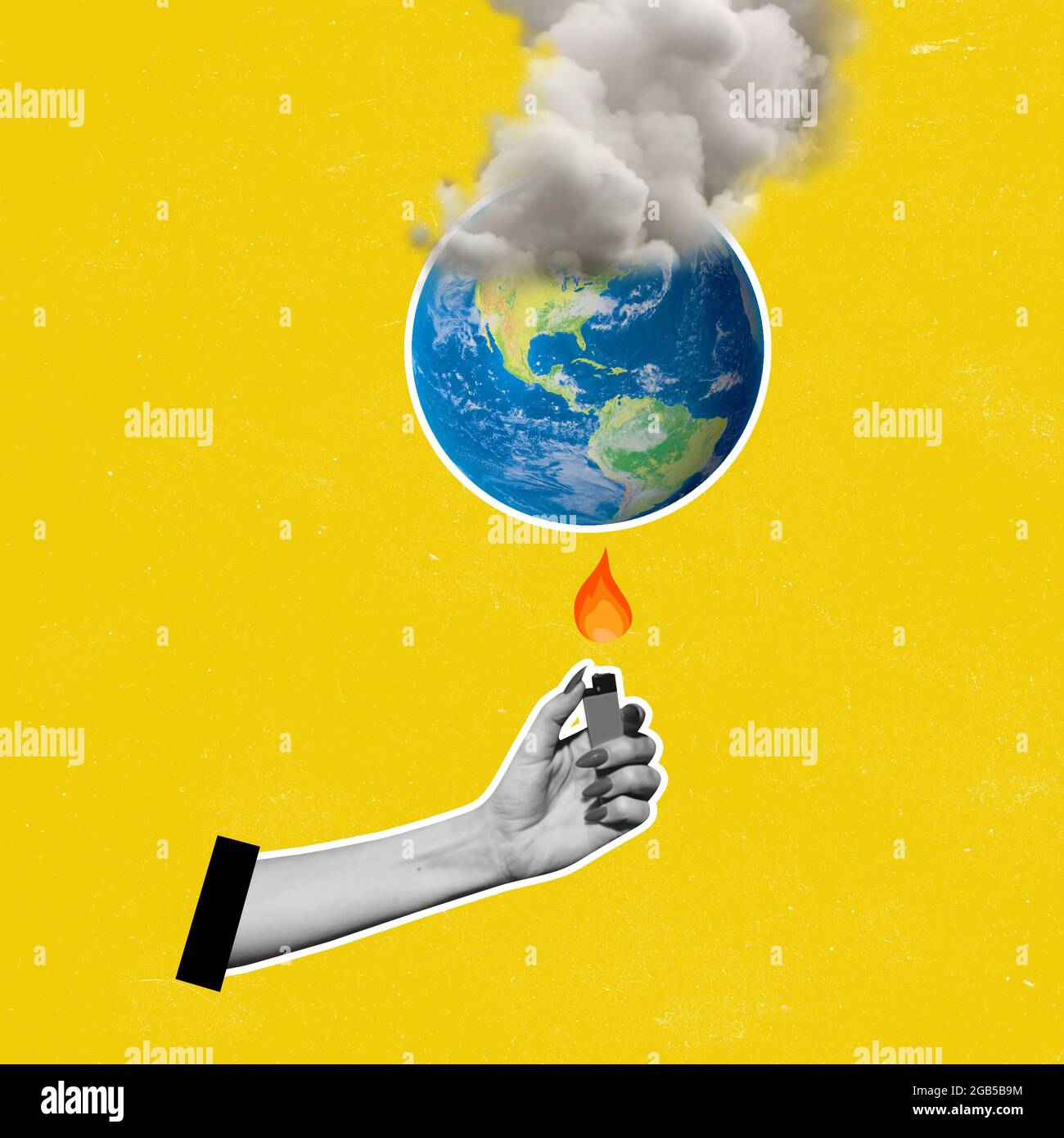 Creative artwork. Female bw hand holding lighter, igniting the Earth in ...