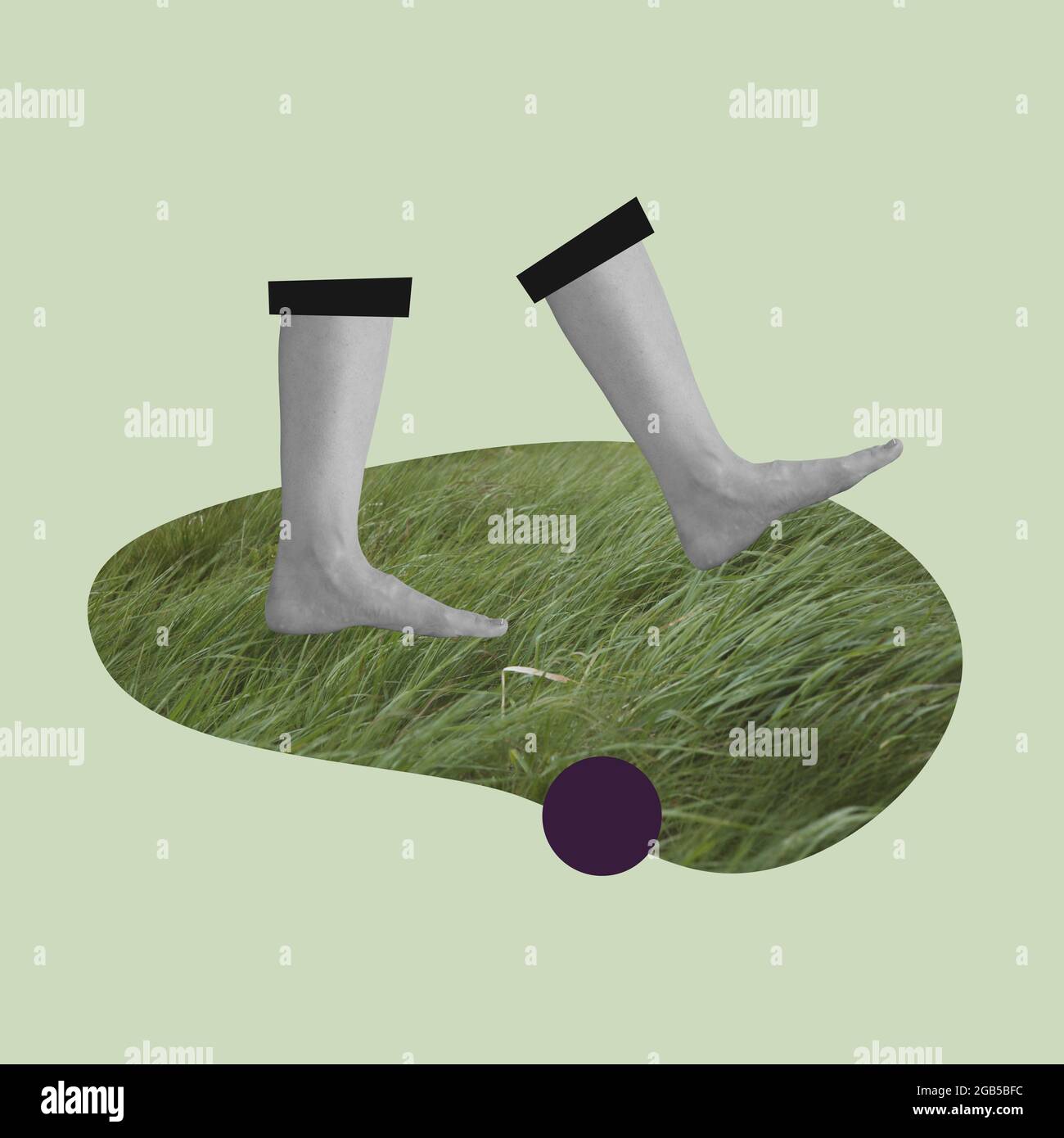 Creative art collage. Barefoot human feet walking on green grass ...