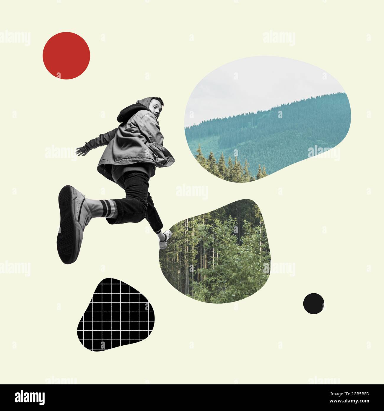 Contemporary artwork. BW young man running away from pictures of ...