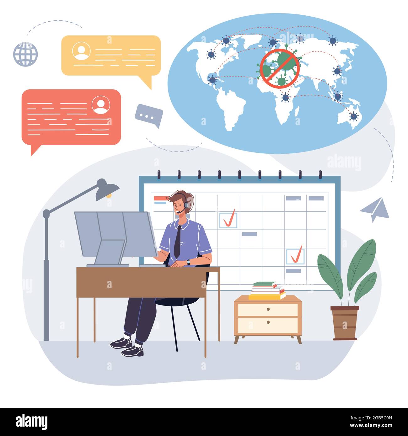 Flat cartoon character,remote online work during coronavirus pandemic ...