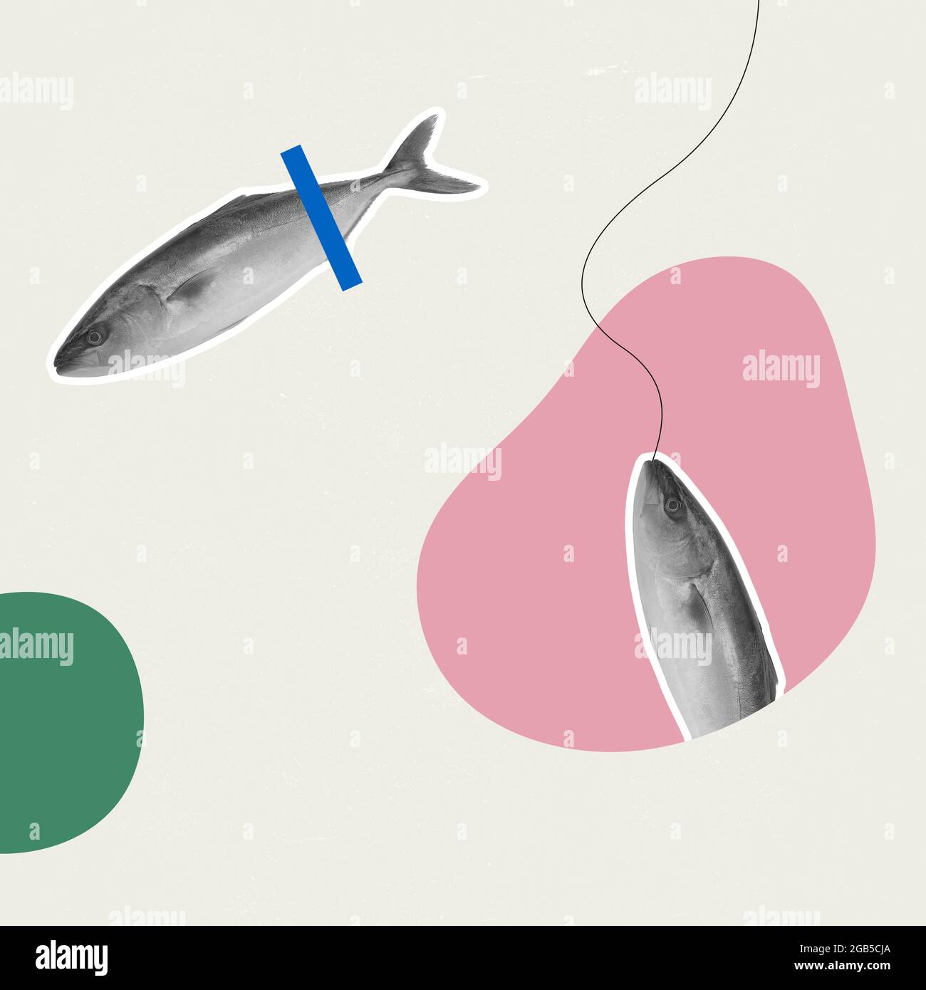 Contemporary art collage. Two bw fish, one on a hook and other swims ...