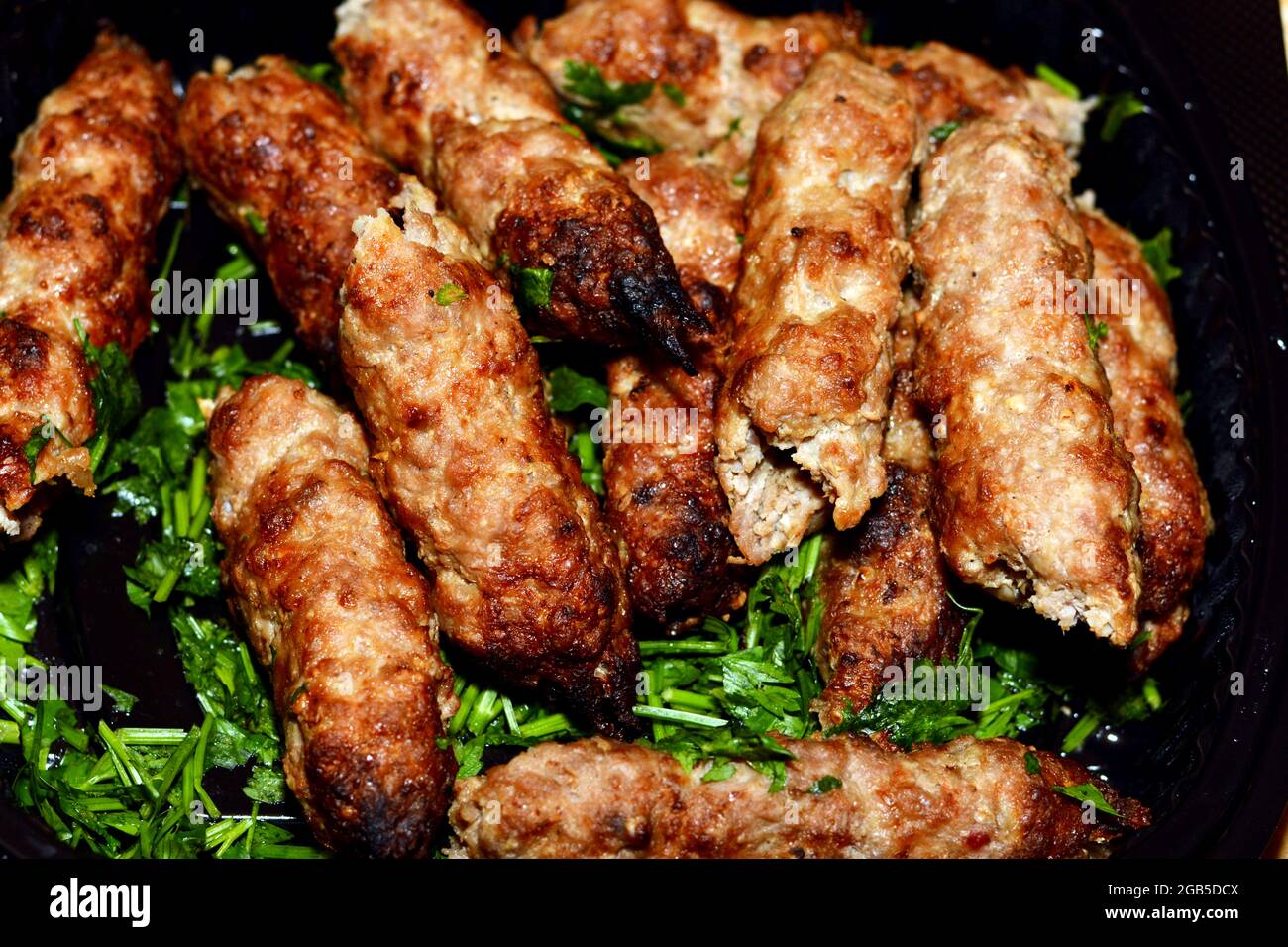 Arabic cuisine traditional food beef Kofta and kebab charcoal grilled ...