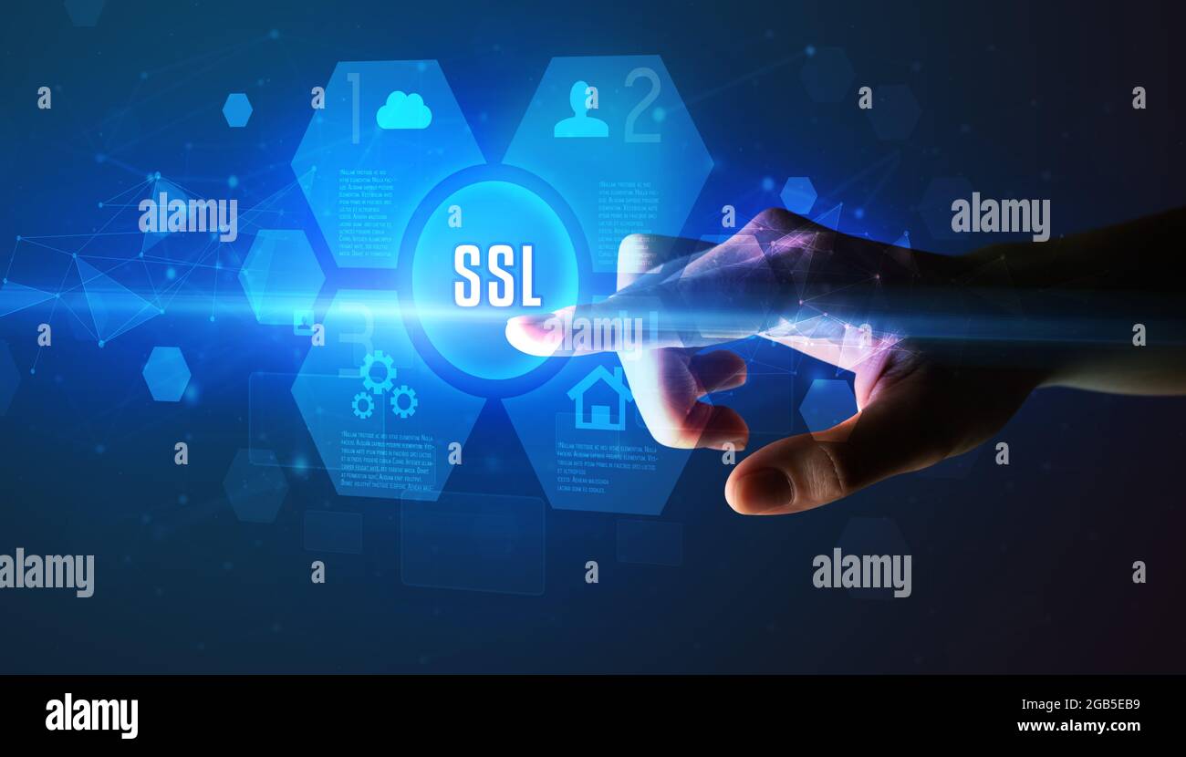 Hand touching digital button Stock Photo - Alamy