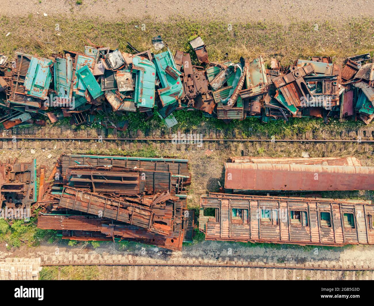 Railway trains, scrap metal dump at the railway station, top view Stock ...