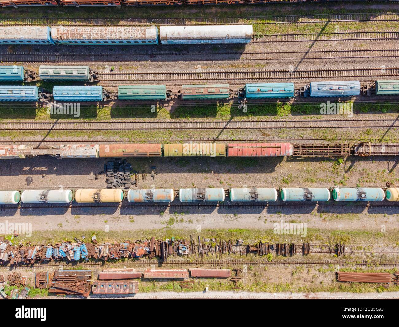 Lots of old railway tracks, trains at the old station, top view Stock ...