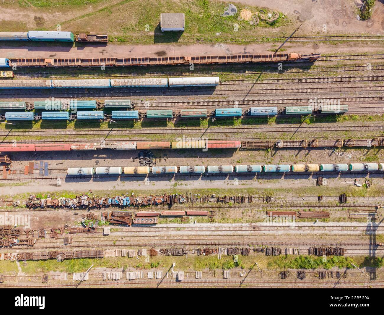 Lots of old railway tracks, trains at the old station, top view Stock ...
